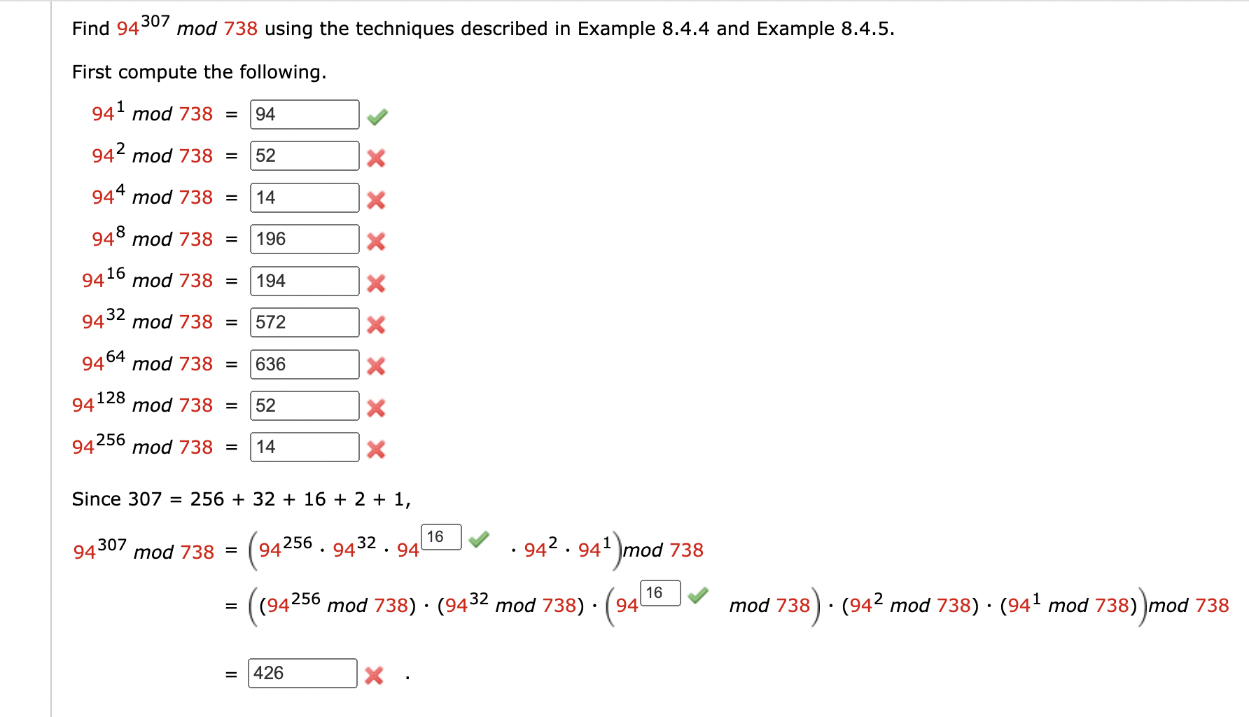Solved Find 94307 ﻿mod 738 ﻿using the techniques described | Chegg.com