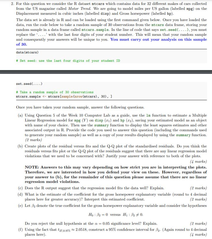 Solved 2. For this question we consider the R dataset mtcars | Chegg.com