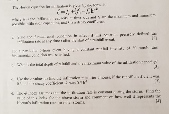 Solved The Horton equation for infiltration is given by the | Chegg.com