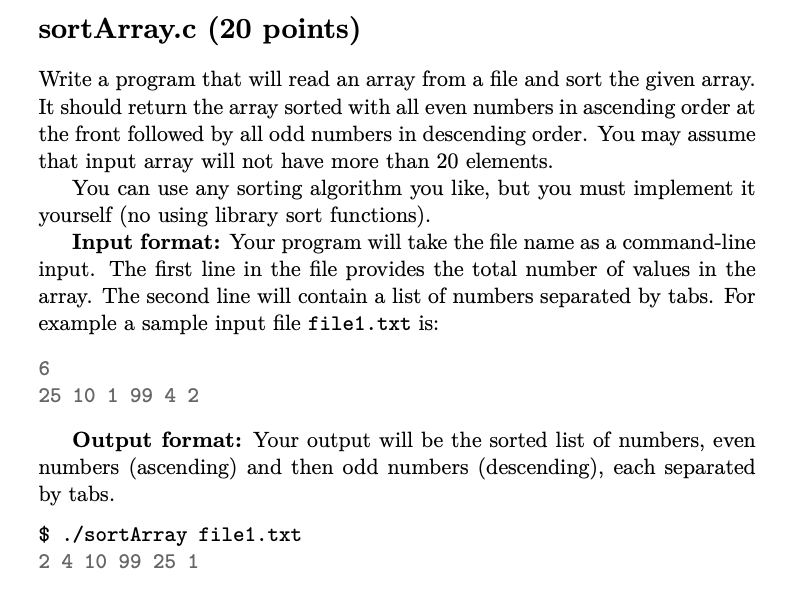 Solved sortArray.c (20 points) Write a program that will | Chegg.com