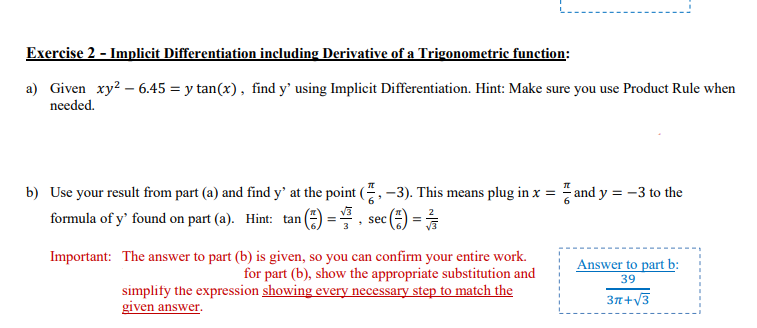 Solved Exercise 2 - Implicit Differentiation including | Chegg.com