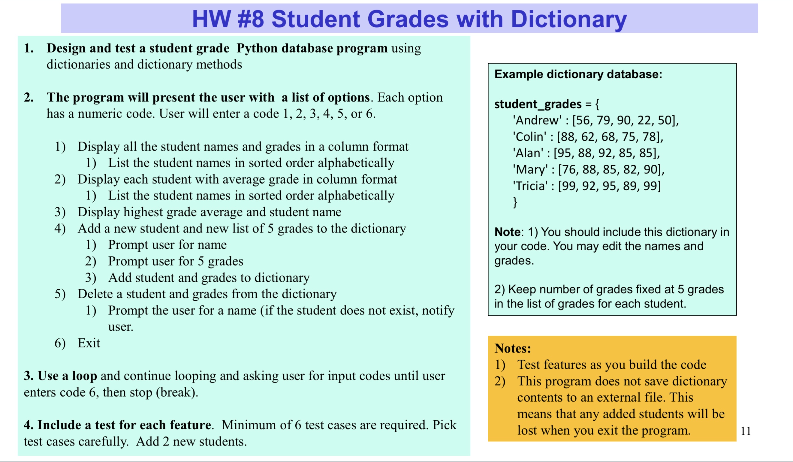 Solved HW \#8 Student Grades with Dictionary 1. Design and | Chegg.com