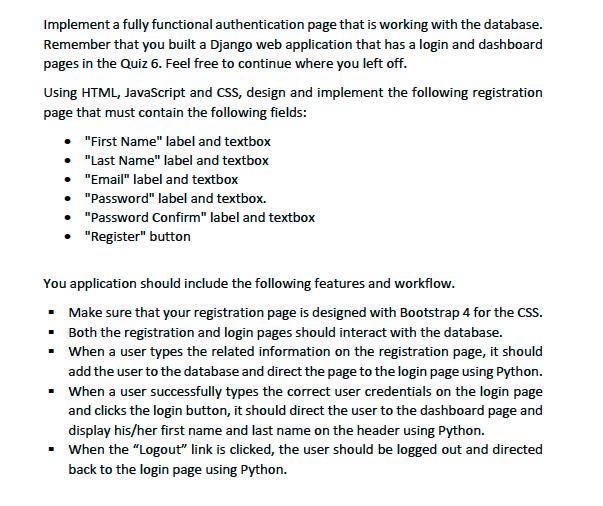 Implement a fully functional authentication page that | Chegg.com