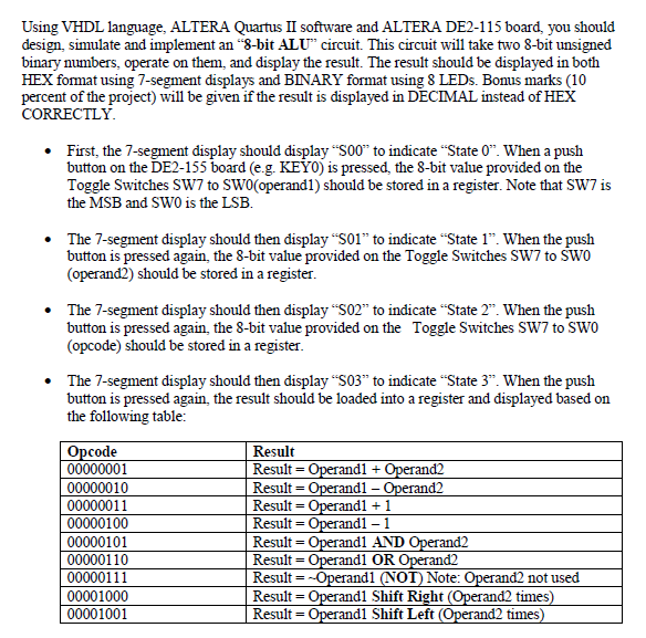 Using VHDL language, ALTERA Quartus II software and | Chegg.com