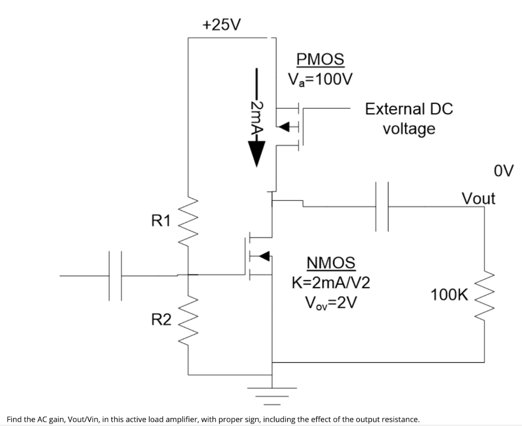 Solved +25V PMOS Va=100V -2mA- External DC voltage OV Vout | Chegg.com