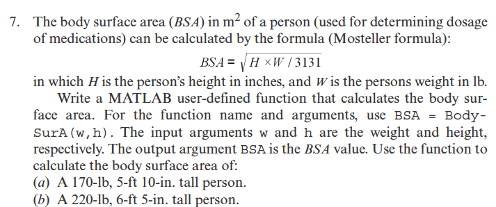 Solved The body surface area (BSA) in m2 of a person (used | Chegg.com