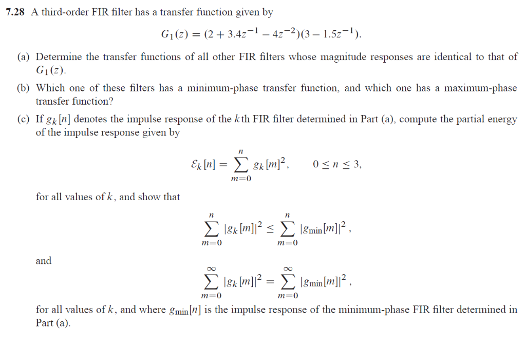 Solved 7.28 A third-order FIR filter has a transfer function | Chegg.com