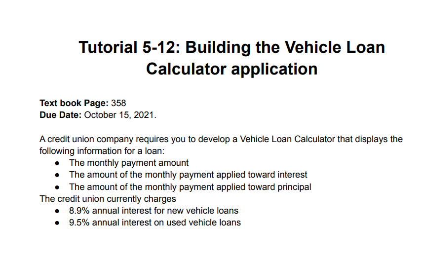 Solved Tutorial 5-12: Building the Vehicle Loan Calculator | Chegg.com