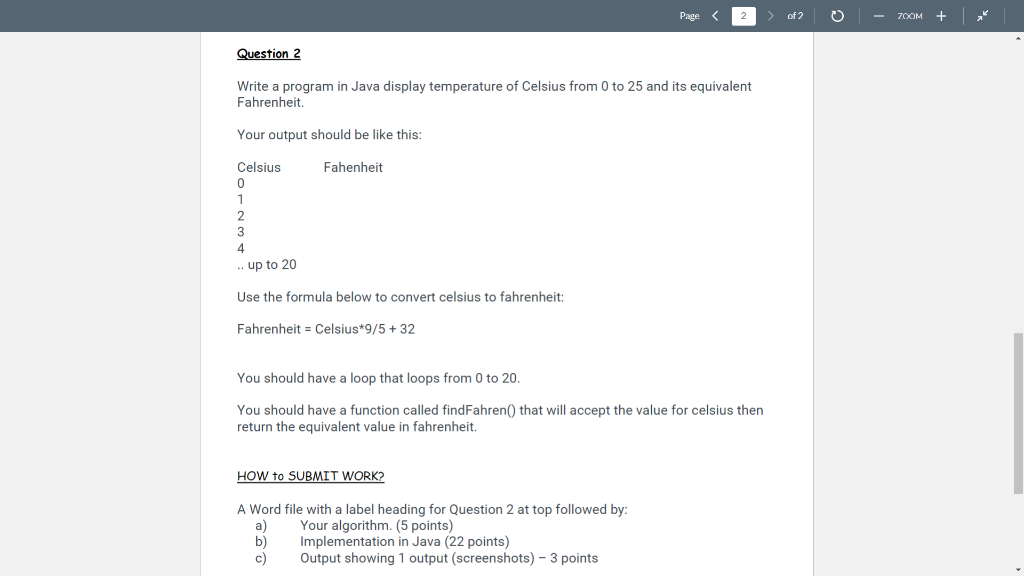 Solved Write a program in Java display temperature of | Chegg.com