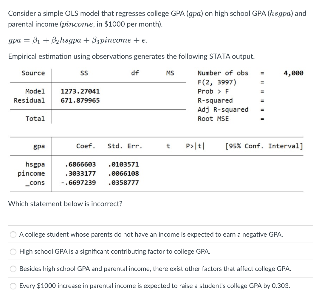 Solved Consider a simple OLS model that regresses college | Chegg.com