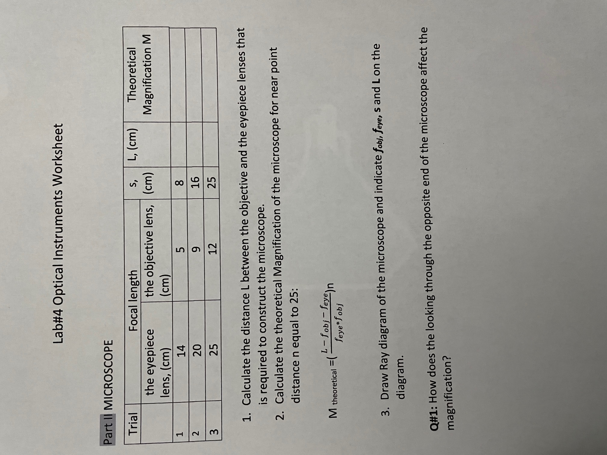 Solved Lab#4 Optical Instruments Worksheet Part II | Chegg.com