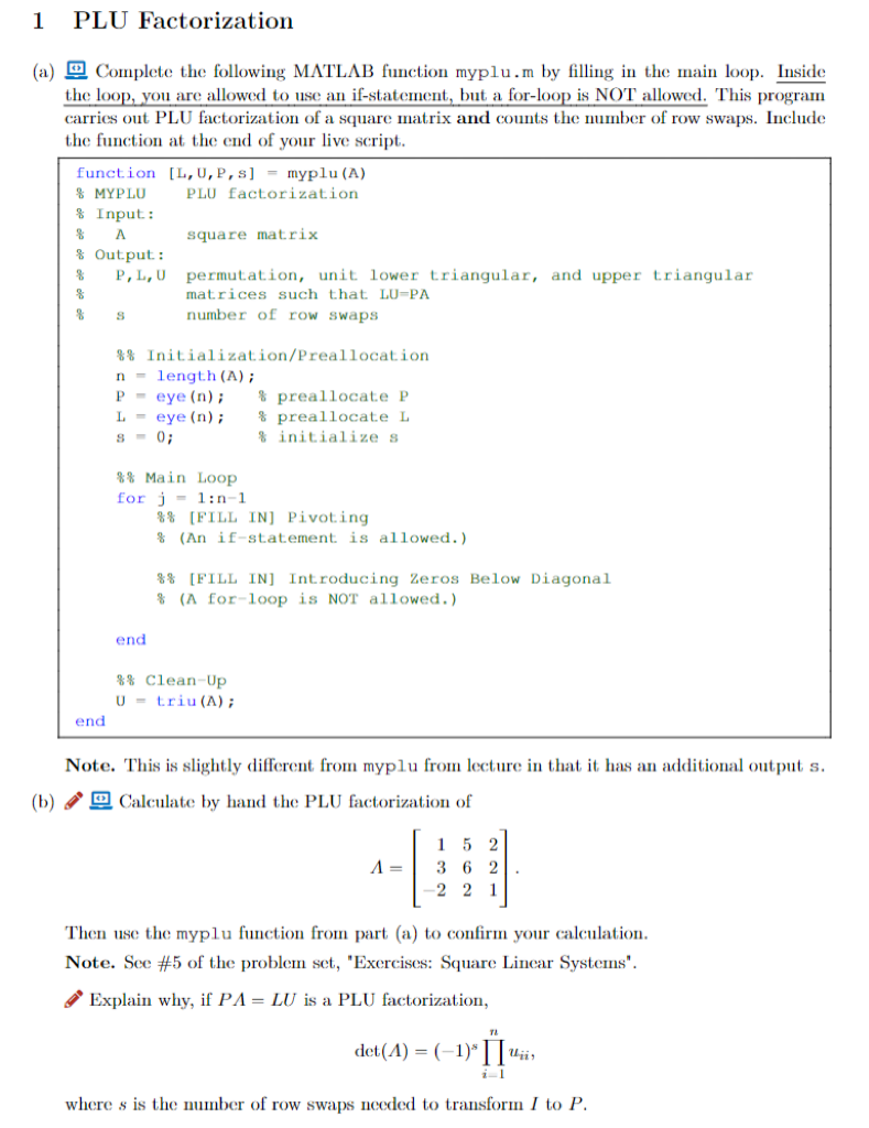 Solved 1 PLU Factorization (a) Complete the following MATL | Chegg.com