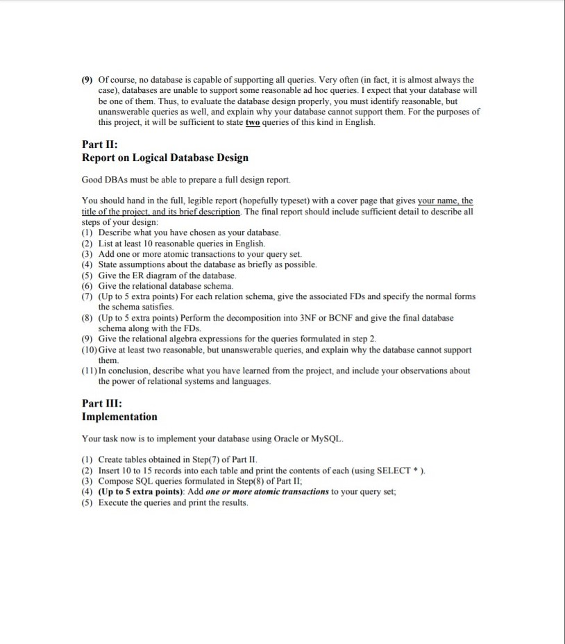 Solved Database Design Project Team Project: Up to 5 people. | Chegg.com