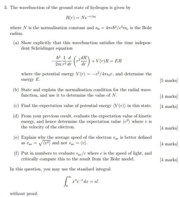 Solved 3 The Wavefunction Of The Ground State Of Hydrogen