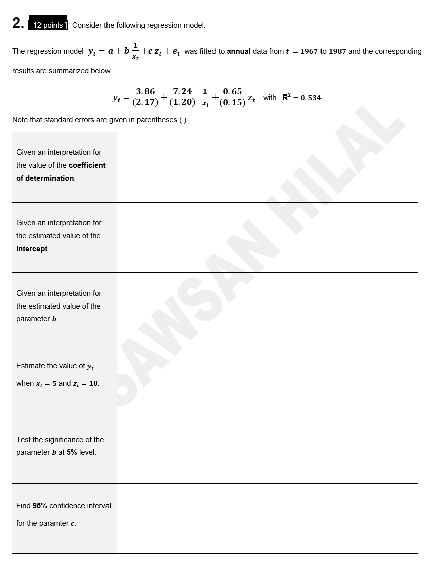 Solved 2. 12 points ] Consider the following regression | Chegg.com