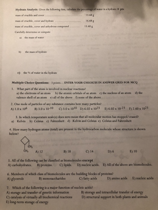 Solved Hydrate Analysis: Given the following data, calculate | Chegg.com