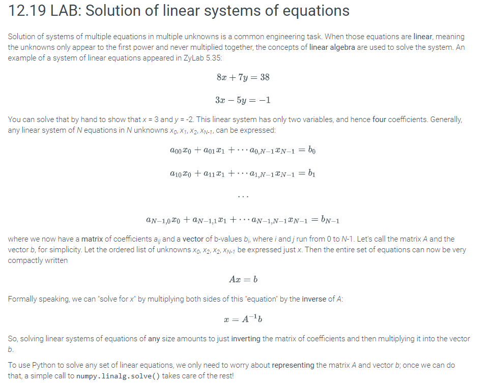 12.19 LAB: Solution of linear systems of equations | Chegg.com