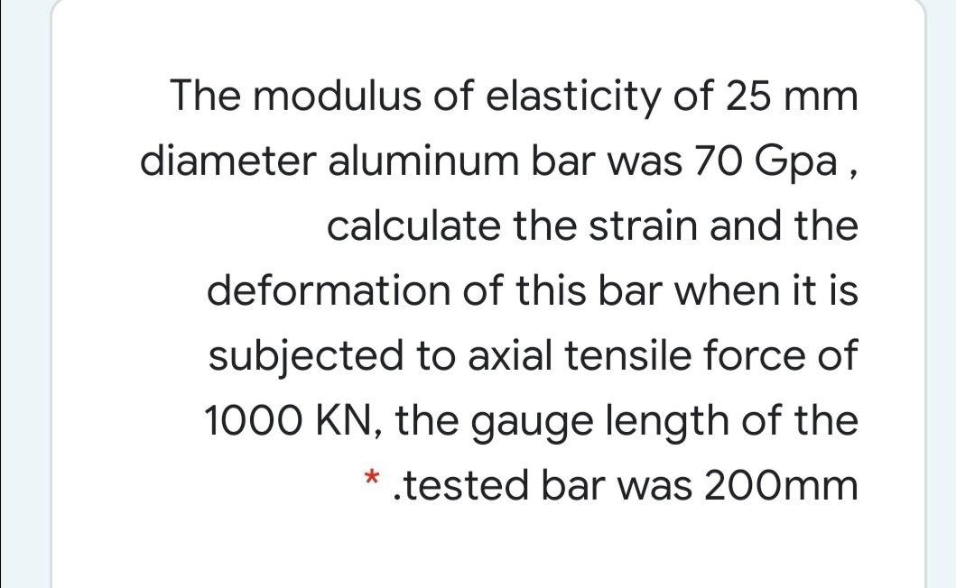 Solved The modulus of elasticity of 25 mm diameter aluminum | Chegg.com