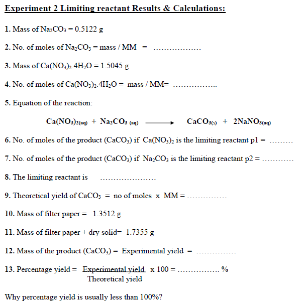 Solved Experiment 2 Limiting reactant Results & | Chegg.com
