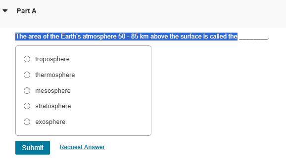 Solved The area of the Earth's atmosphere 50 - 85 km above | Chegg.com