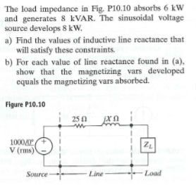 Solved The load impedance in Fig. P10.10 absorbs 6 kw and | Chegg.com