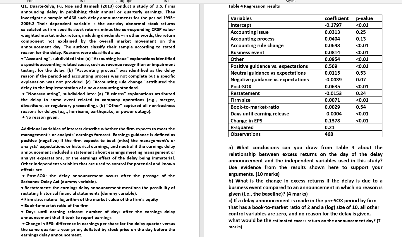 Styles Table 4 Regression results Font Paragraph Q1. | Chegg.com