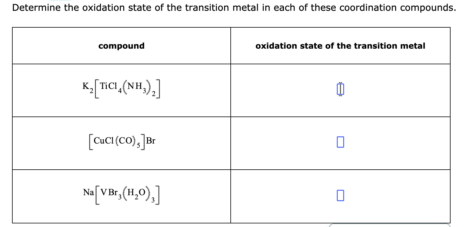 Solved Determine the oxidation state of the transition metal | Chegg.com