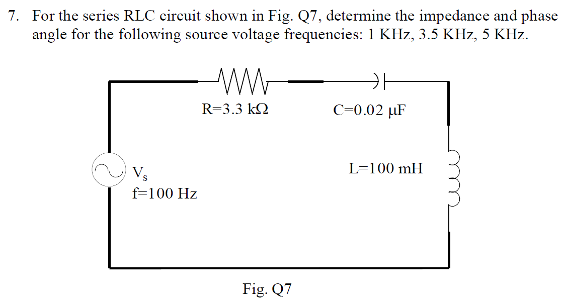 Solved 7. For the series RLC circuit shown in Fig. Q7, | Chegg.com
