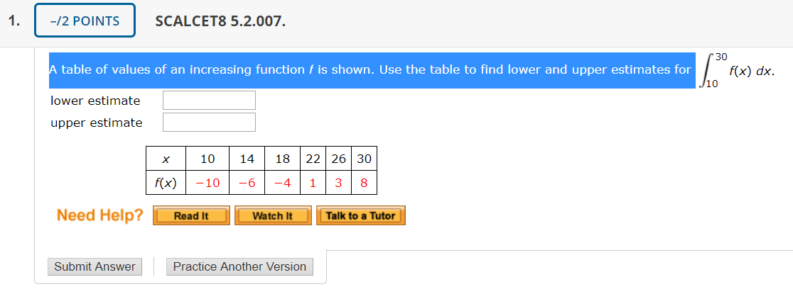 Solved -/2 POINTS SCALCET8 5.2.007. A table of values of an | Chegg.com