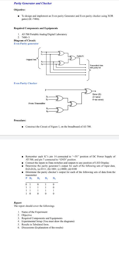 Solved Parity Generator and Checker Objective: To design and | Chegg.com