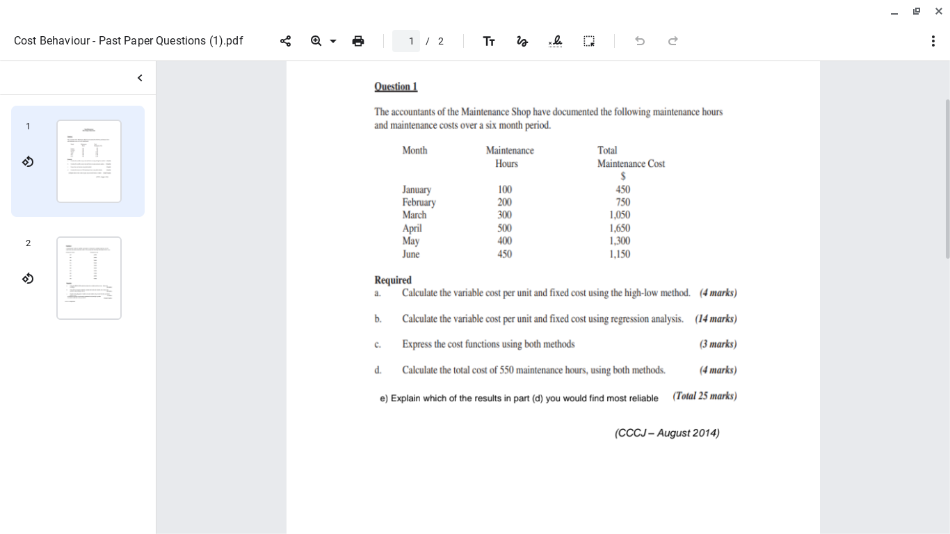 Cost Behaviour - Past Paper Questions (1).pdf ∞ 1/2 | Chegg.com
