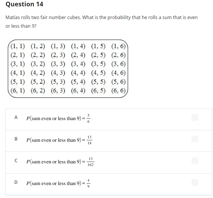Solved Matías rolls two fair number cubes. What is the | Chegg.com