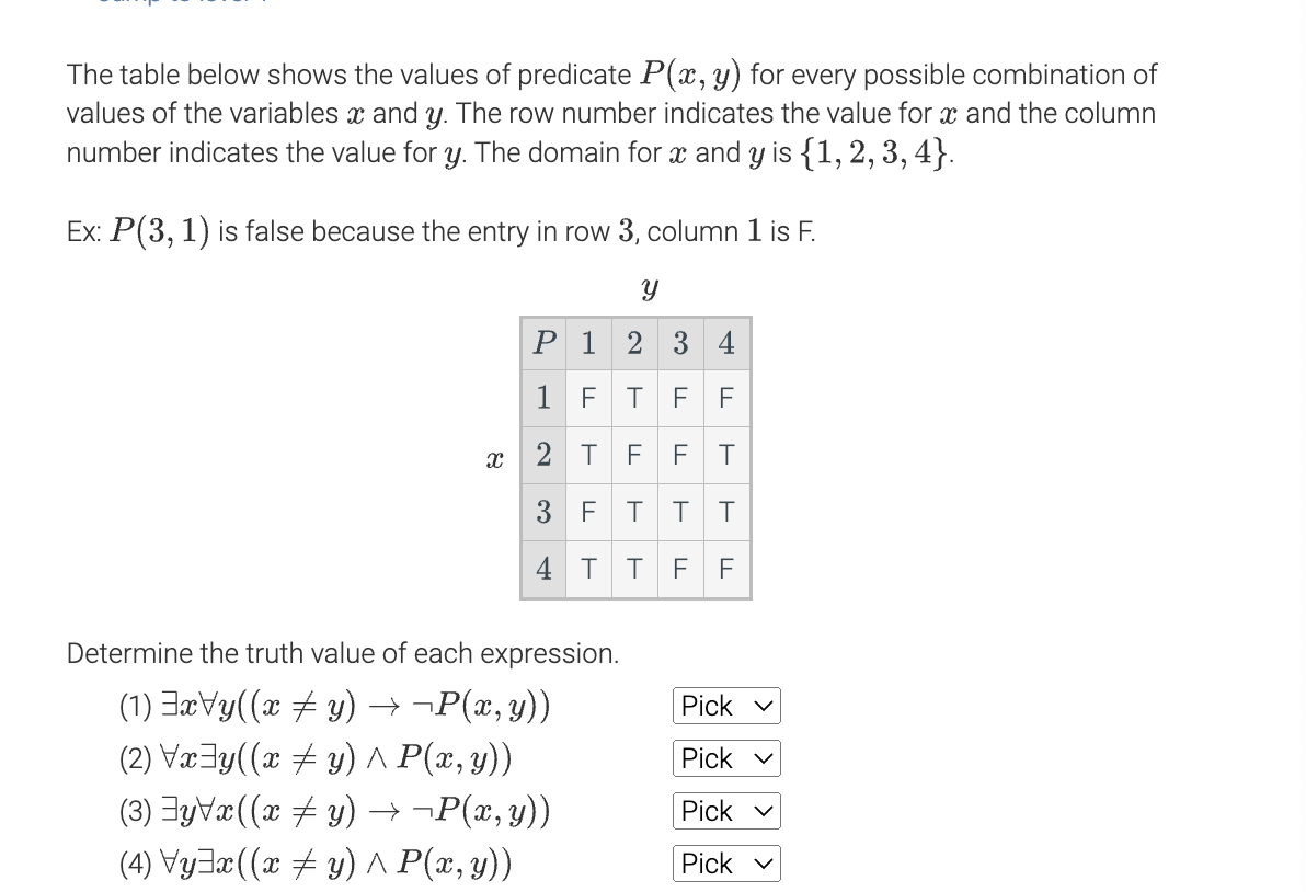 Solved The table below shows the values of predicate P(x,y) | Chegg.com