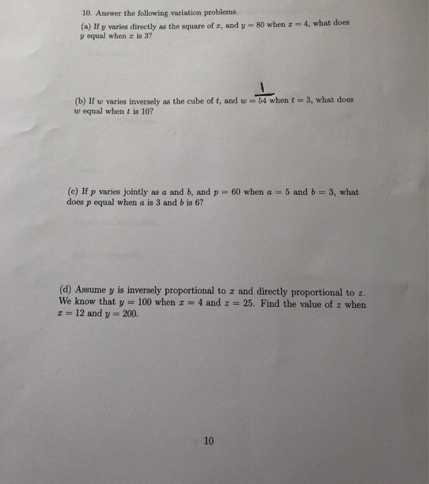 Solved 10. Answer the following variation problems. If y | Chegg.com