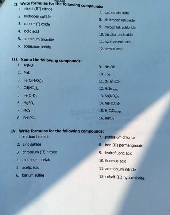 Solved II. Write formulas for the following compounds: 1. | Chegg.com