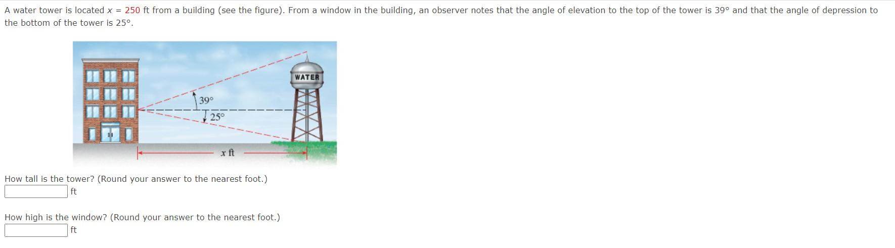 Solved A water tower is located x = 250 ft from a building | Chegg.com