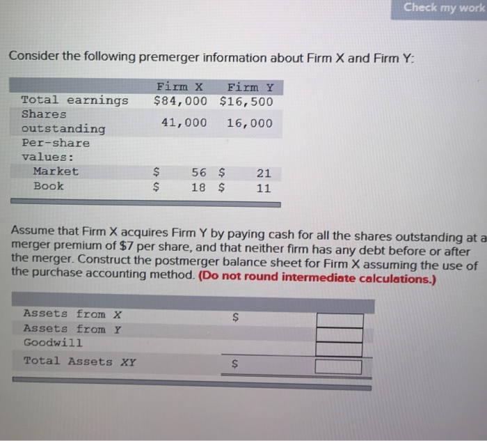 Solved Check my work Consider the following premerger | Chegg.com