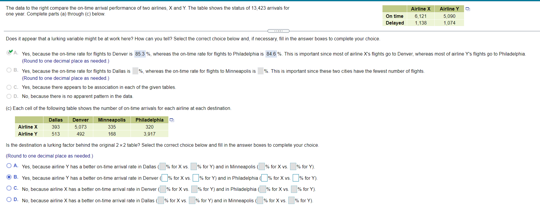 Solved The data to the right compare the on-time arrival | Chegg.com