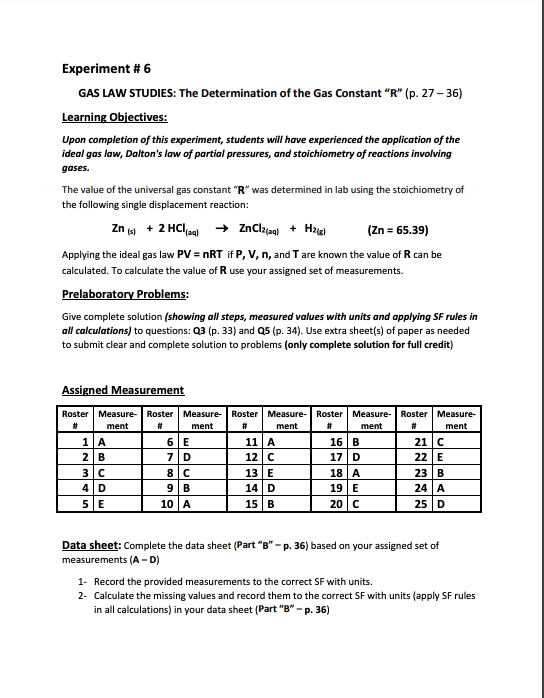Solved Experiment #6 GAS LAW STUDIES: The Determination of | Chegg.com