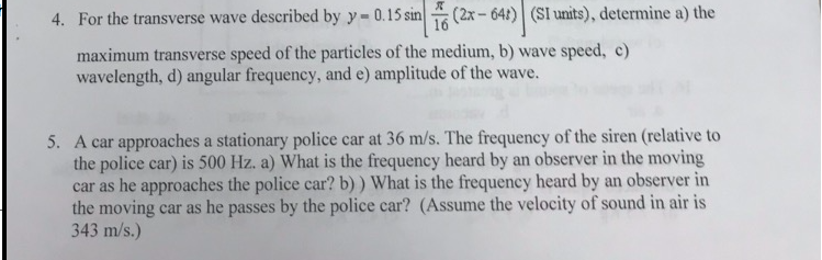 Solved 4. For the transverse wave described by y-0.15 sin | Chegg.com