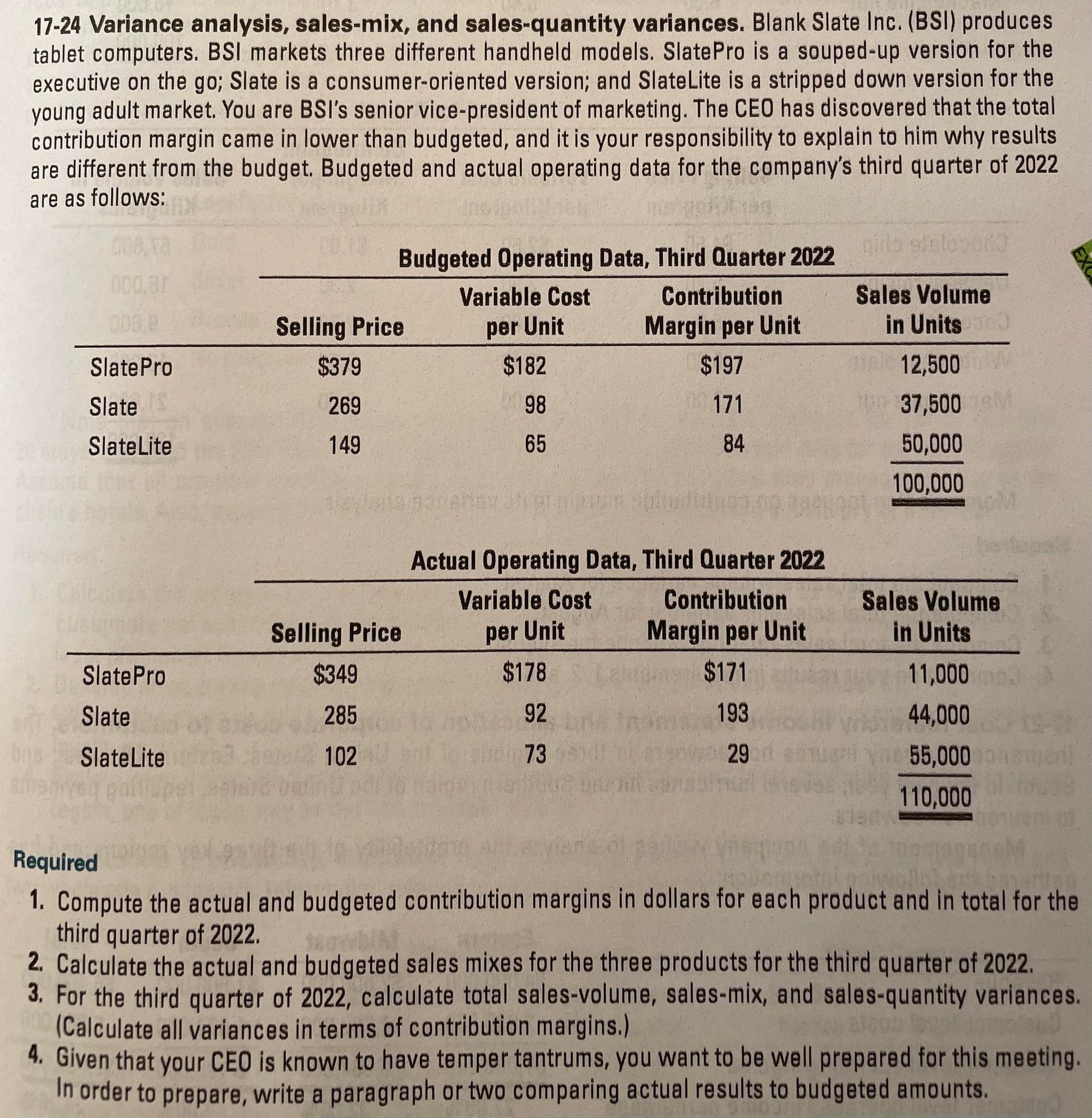 Solved 17-24 Variance analysis, sales-mix, and | Chegg.com