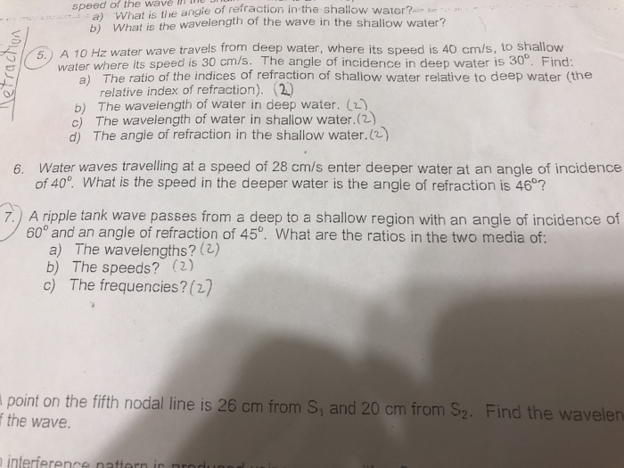 Solved speed of the wavéJ e of refraction in the shallow | Chegg.com