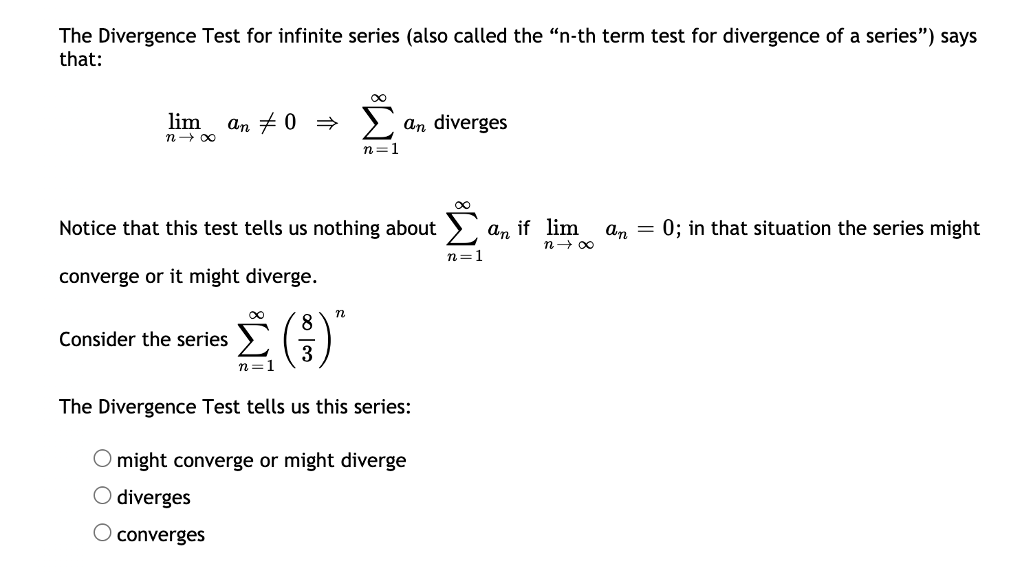 Solved The Divergence Test for infinite series (also called | Chegg.com