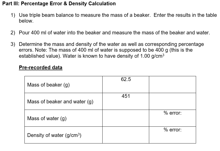 Solved Part III: Percentage Error & Density Calculation 1) | Chegg.com