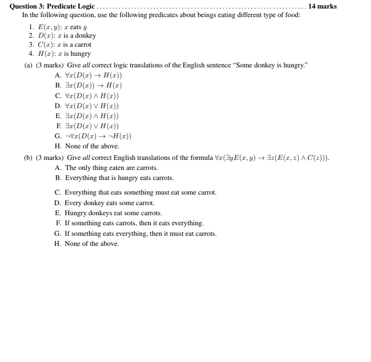Solved Question 3: Predicate Logic ..... 14 marks In the | Chegg.com