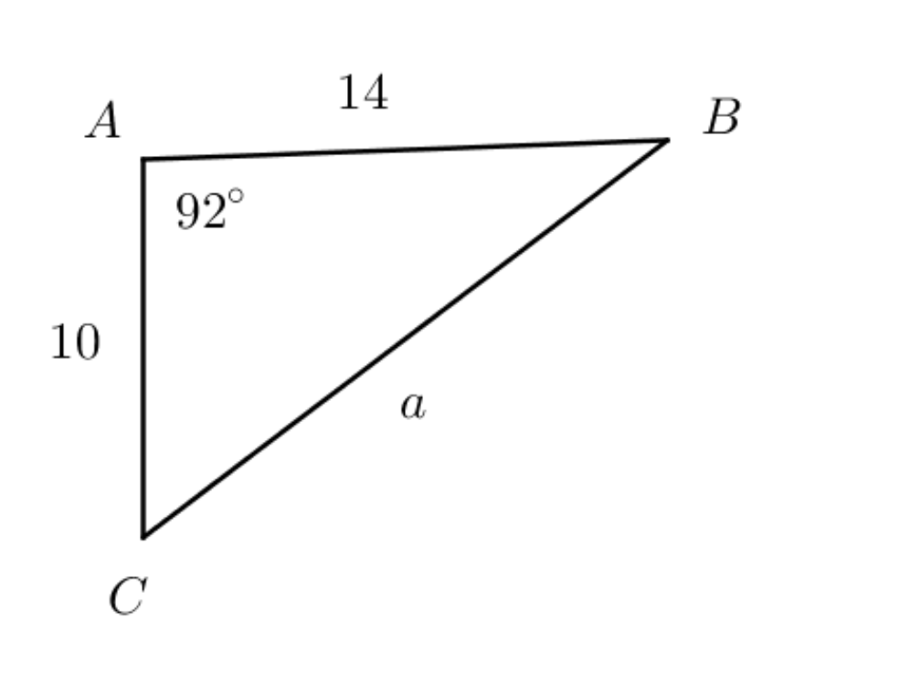Solved Triangle ABC shown below has m∠A=92∘, b=10, and c=14. | Chegg.com