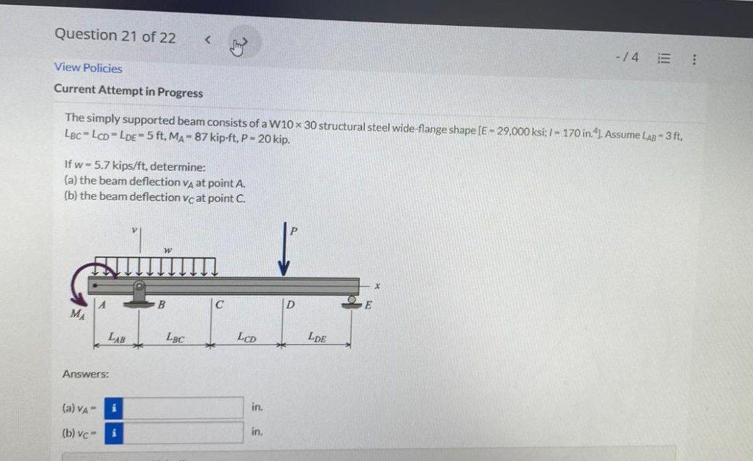 Solved The simply supported beam consists of a W10 ×30 | Chegg.com