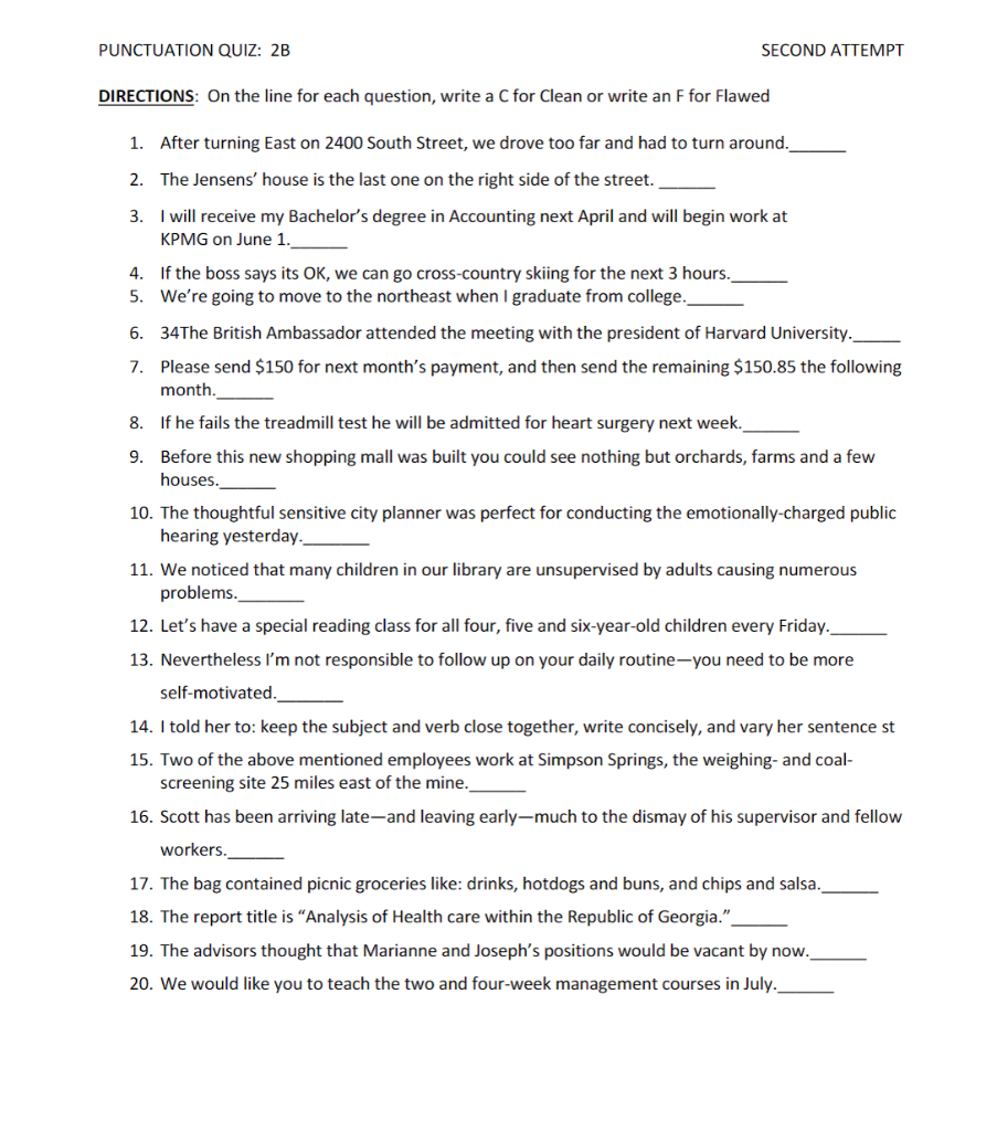 PUNCTUATION QUIZ: 2B SECOND ATTEMPT DIRECTIONS: On | Chegg.com