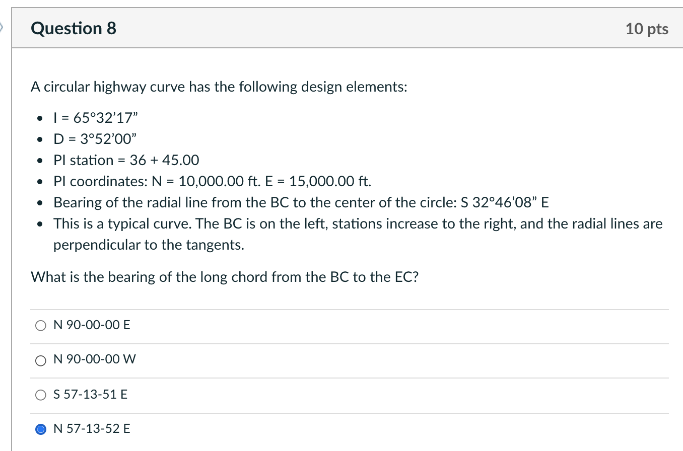 Solved Question 8 10 pts A circular highway curve has the | Chegg.com
