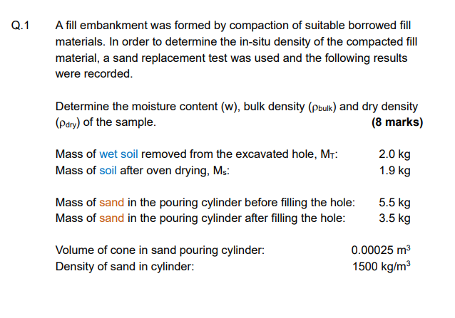 Solved Q.1 A fill embankment was formed by compaction of | Chegg.com